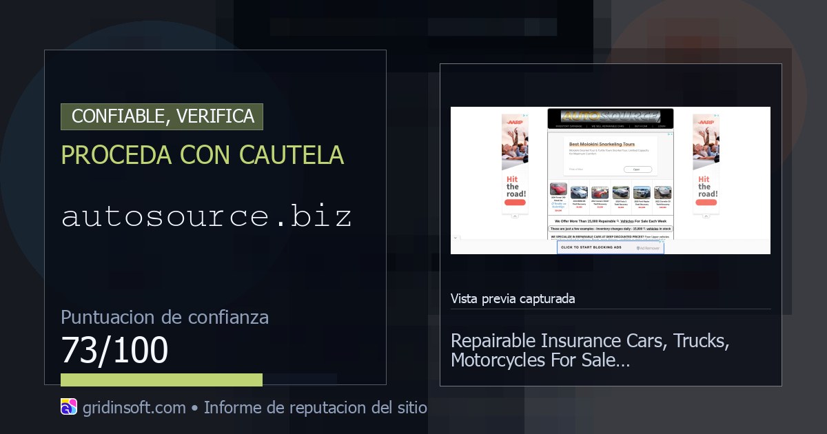 ¿Es seguro Autosource.biz? Análisis y puntuación (73/100)
